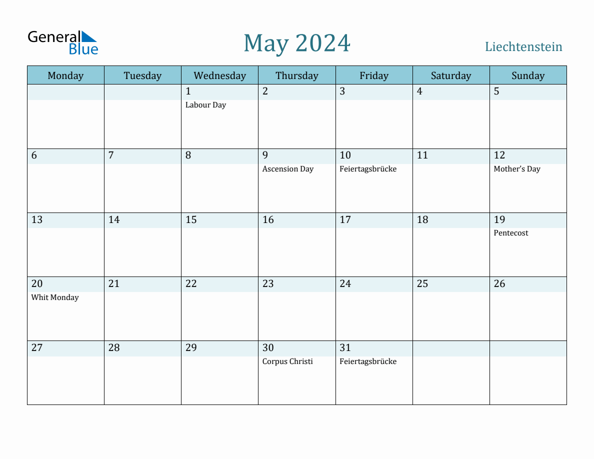 Liechtenstein Holiday Calendar for May 2024