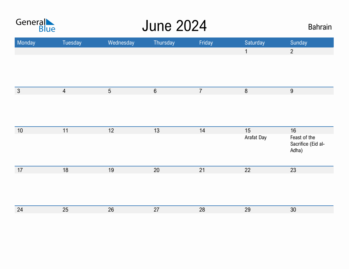 Editable June 2024 Calendar with Bahrain Holidays (Monday Start)
