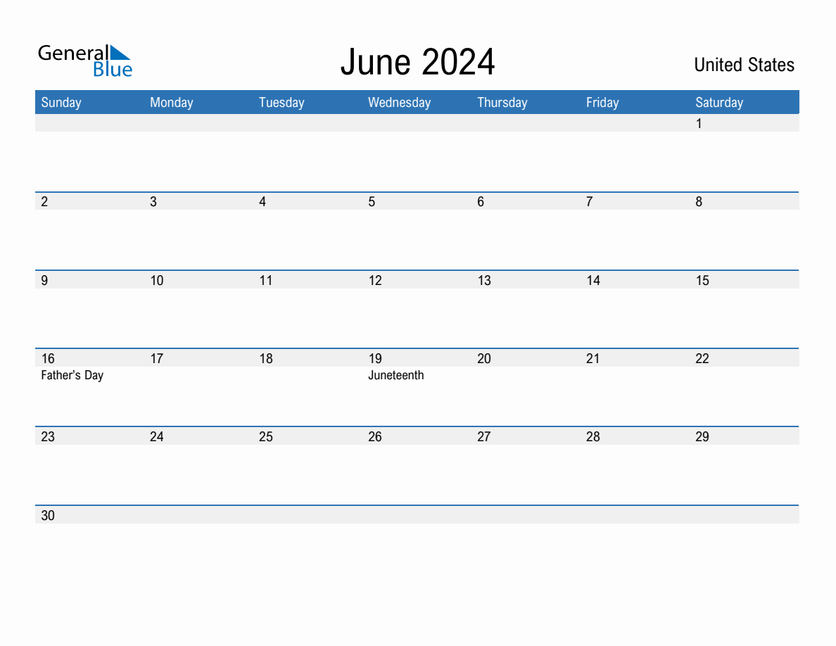 June 2024 Monthly Calendars with United States Holidays