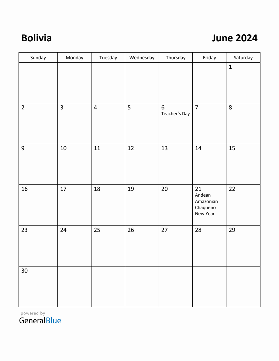 Free Printable June 2024 Calendar for Bolivia