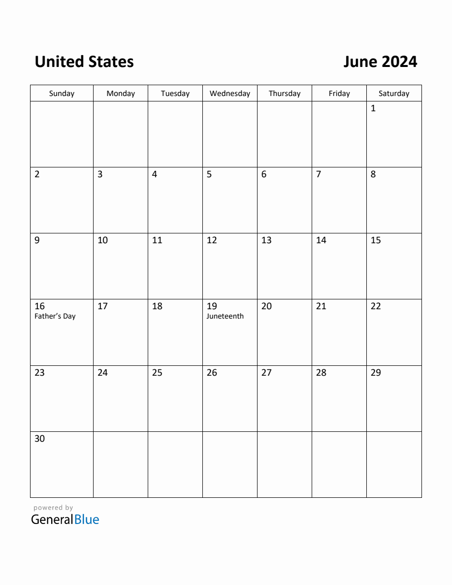 Free Printable June 2024 Calendar for United States