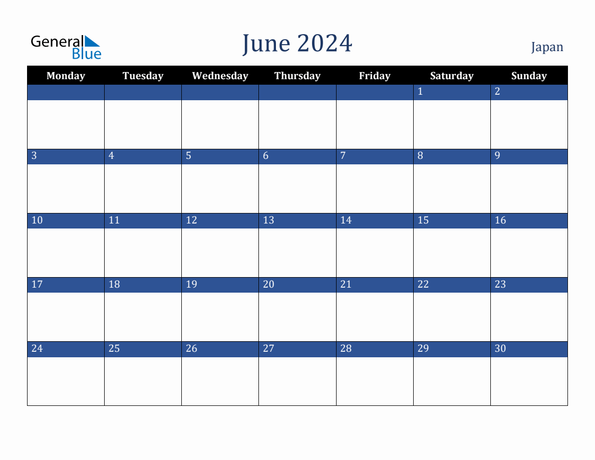 June 2024 Japan Holiday Calendar (Monday Start)