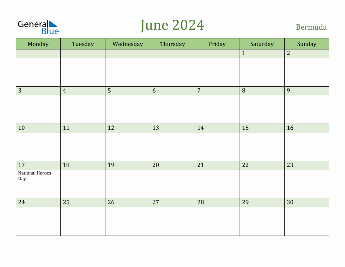 Fillable Holiday Calendar for Bermuda - June 2024