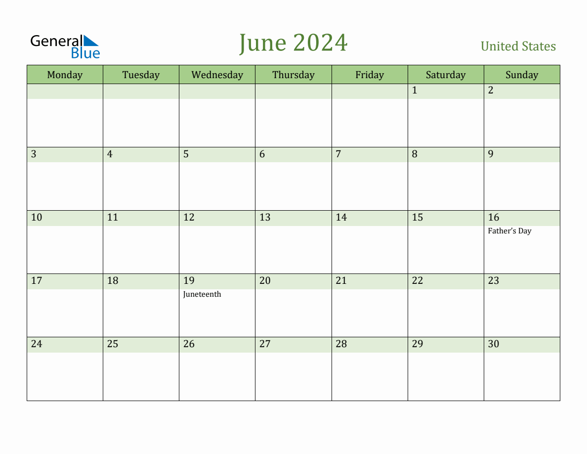 Fillable Holiday Calendar for United States - June 2024 (Monday Start)