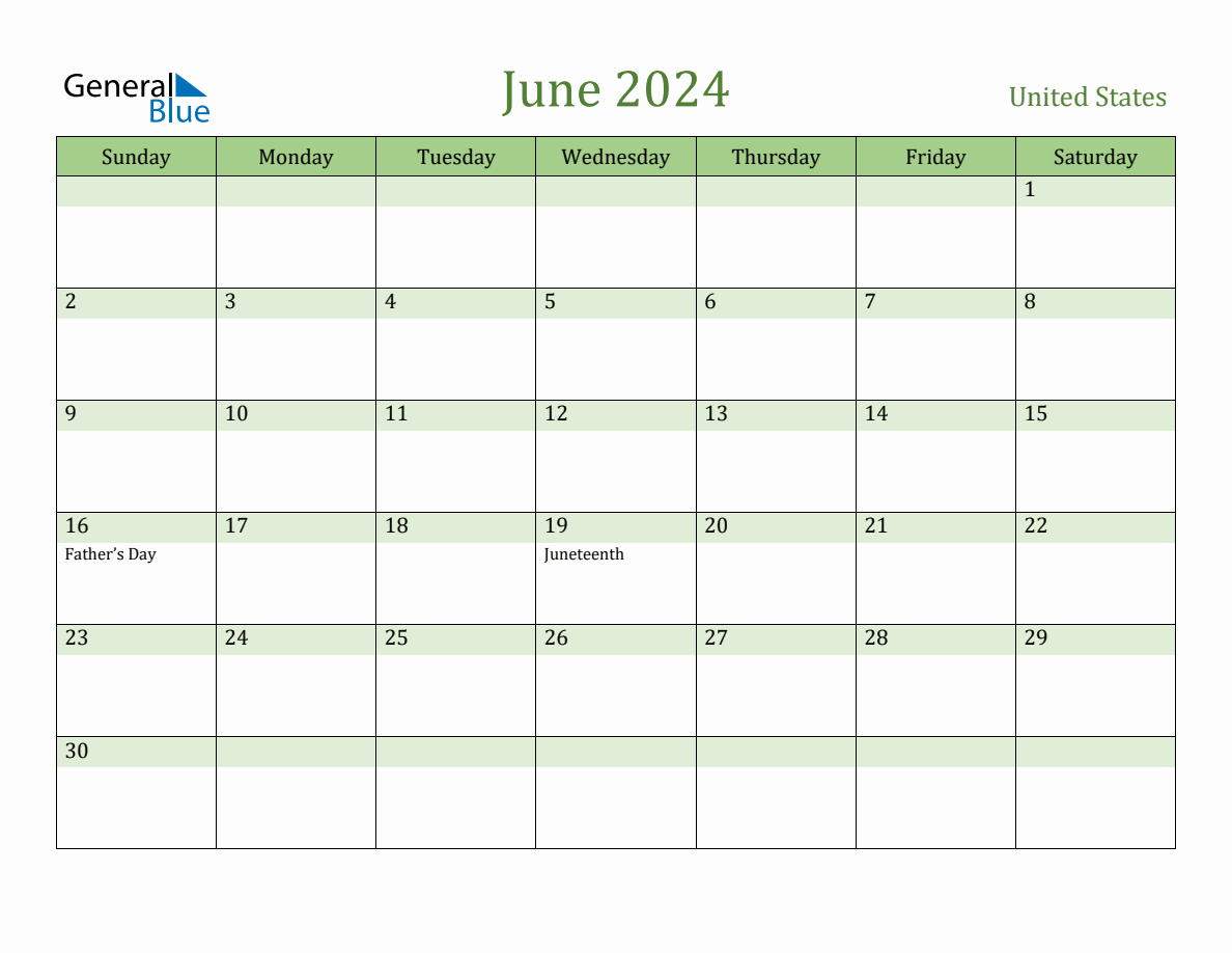 Fillable Holiday Calendar for United States - June 2024
