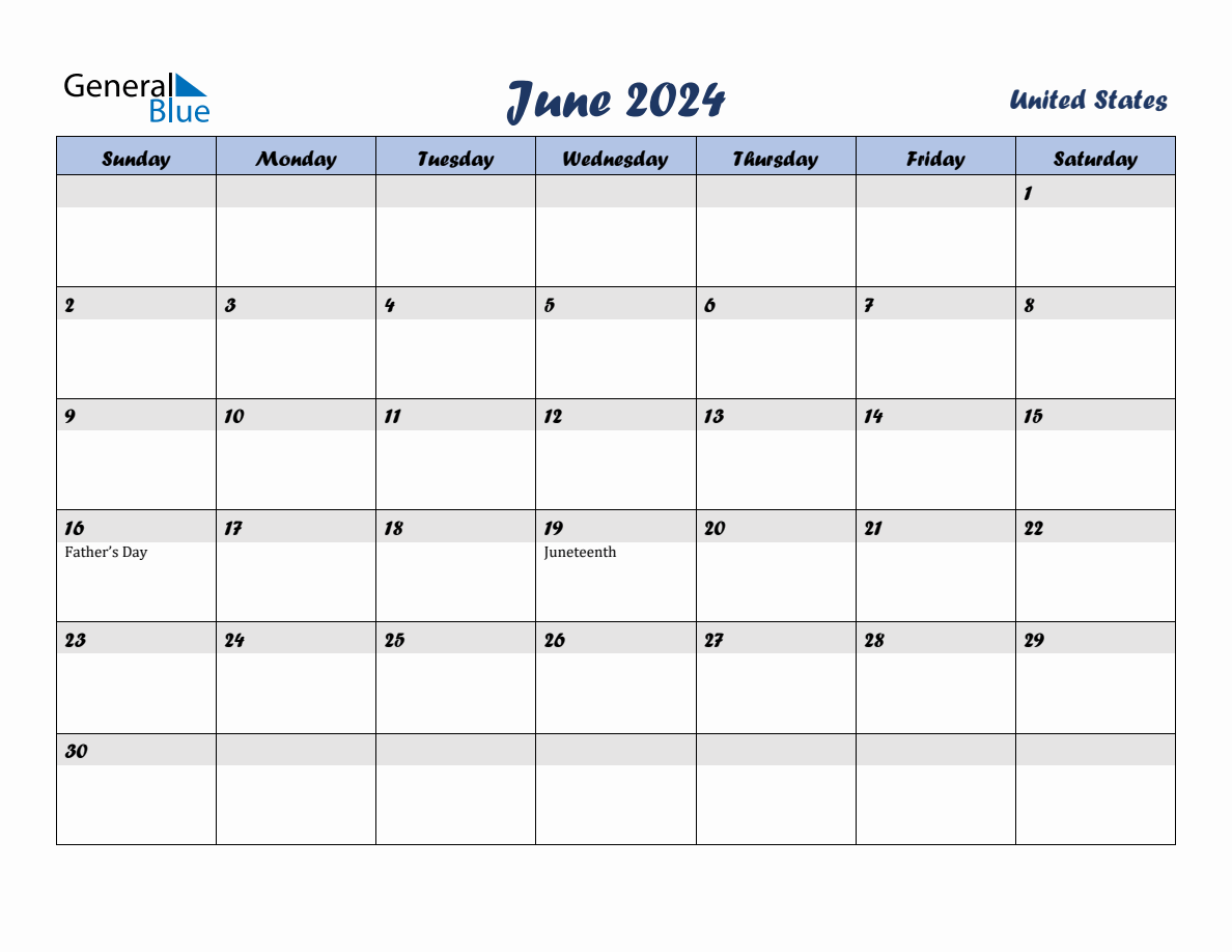 June 2024 Monthly Calendar Template with Holidays for United States