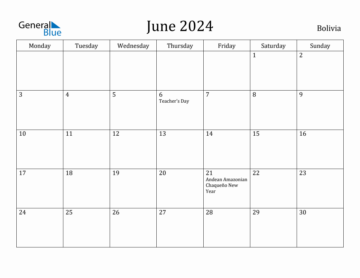 Bolivia Monthly Calendar - June 2024 (Monday Start)