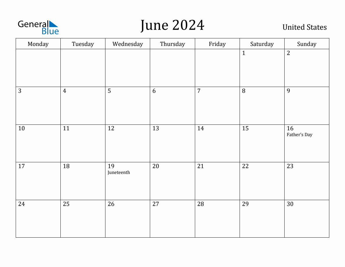 June 2024 Monthly Calendar with United States Holidays (Monday Start)