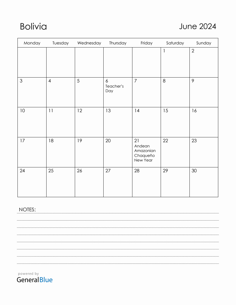 June 2024 Bolivia Calendar with Holidays