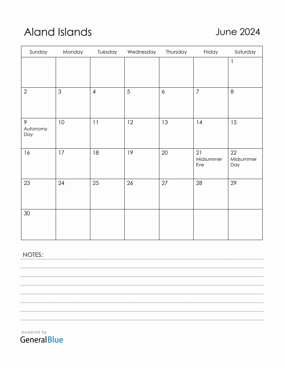 June 2024 Aland Islands Calendar with Holidays
