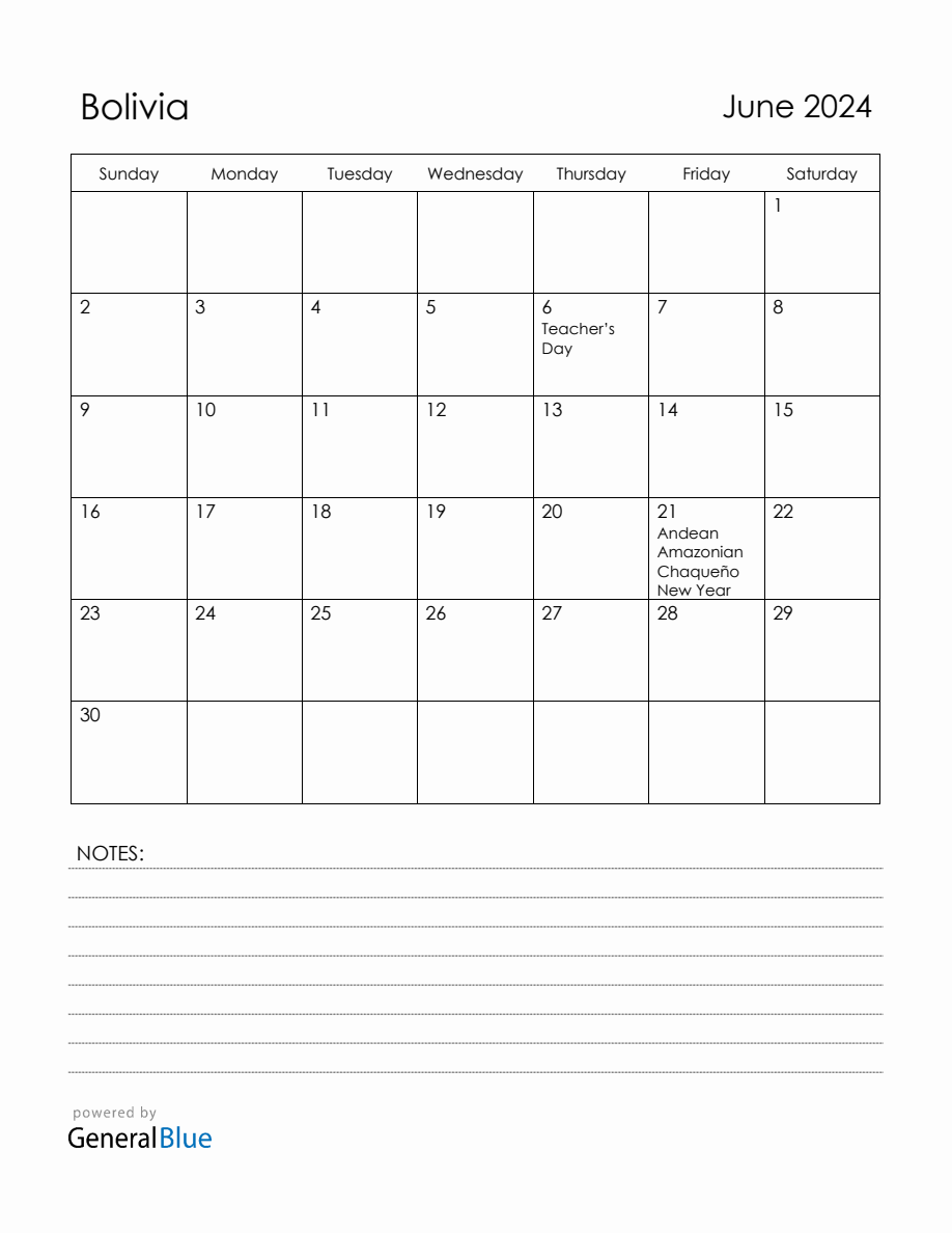 June 2024 Bolivia Calendar with Holidays