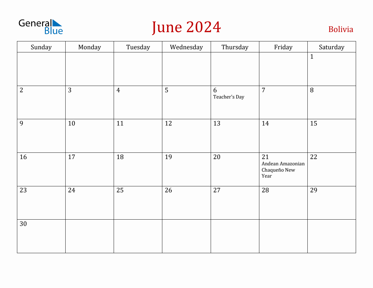 June 2024 Bolivia Monthly Calendar with Holidays
