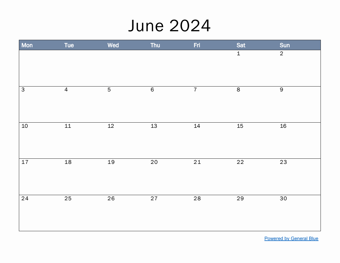 Monthly Calendar Template for June 2024 - Monday Start