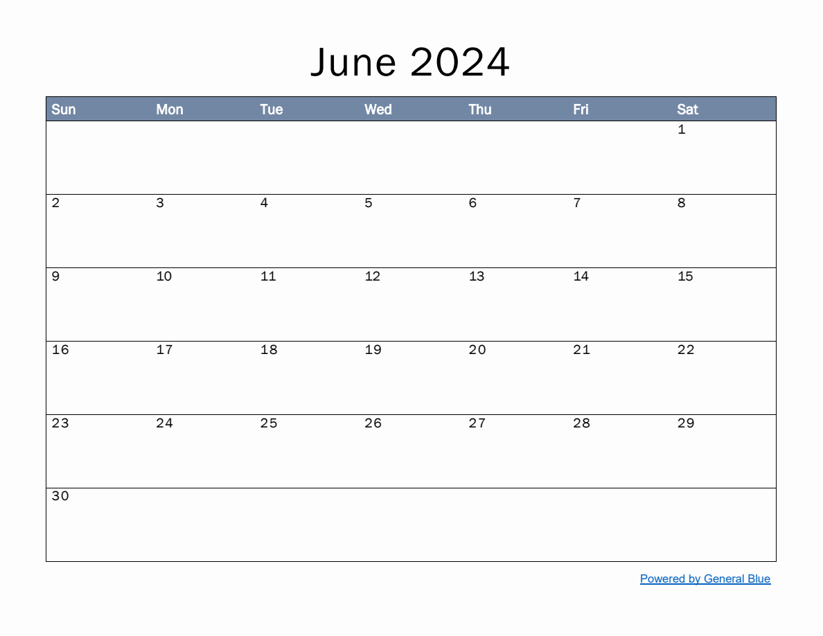 Monthly Calendar Template for June 2024
