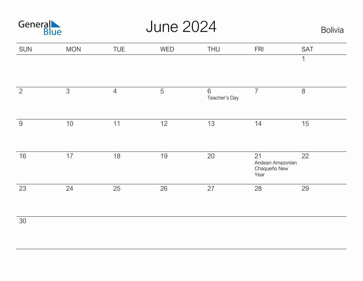 Printable June 2024 Monthly Calendar with Holidays for Bolivia