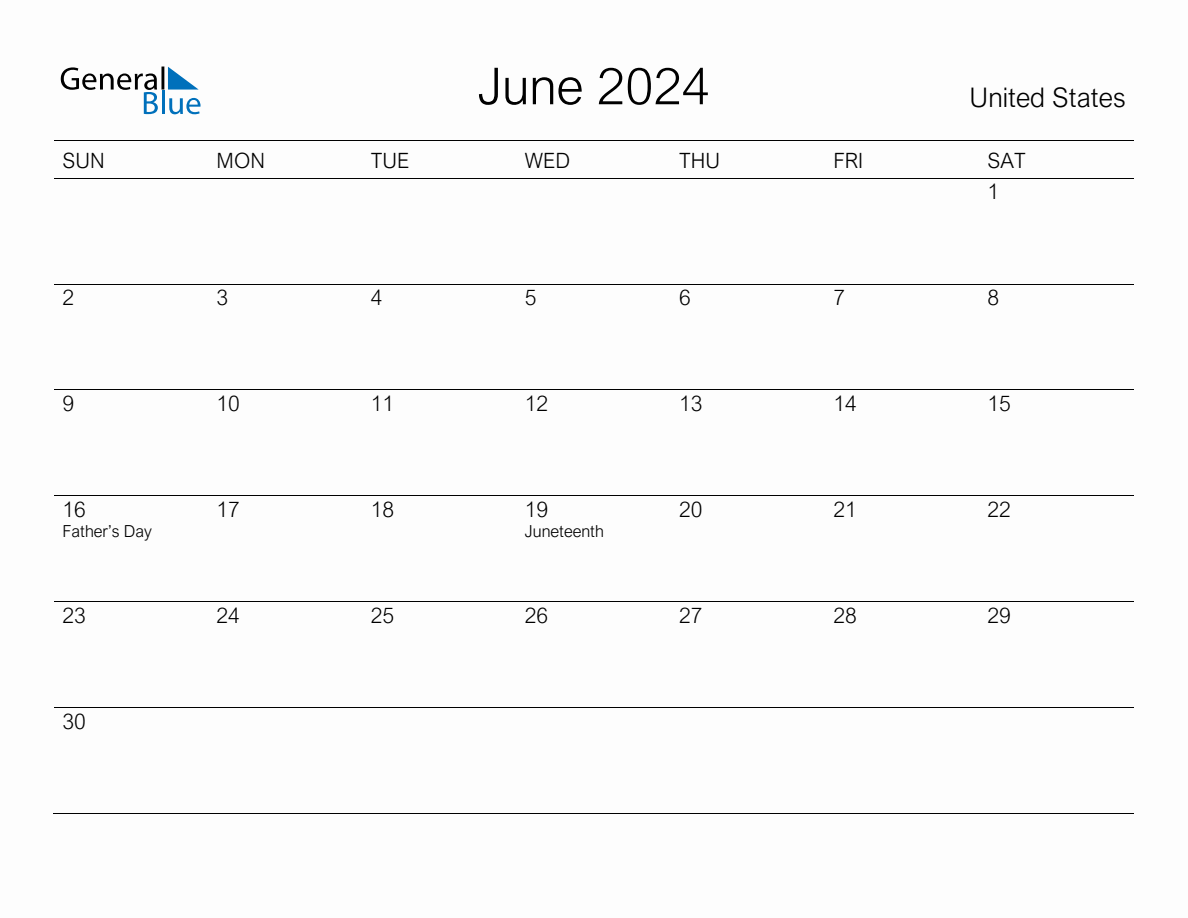 Printable June 2024 Monthly Calendar with Holidays for United States