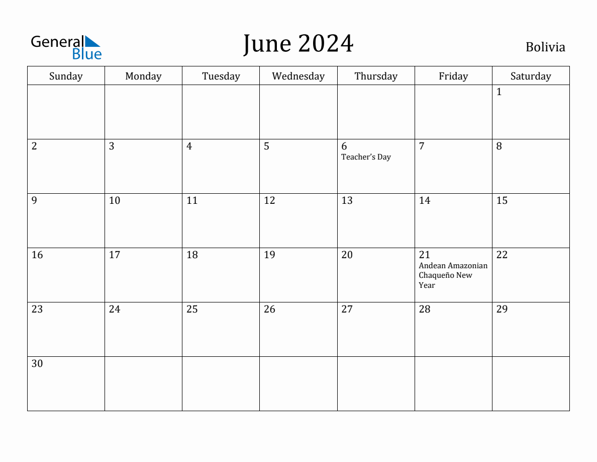 June 2024 Monthly Calendar with Bolivia Holidays