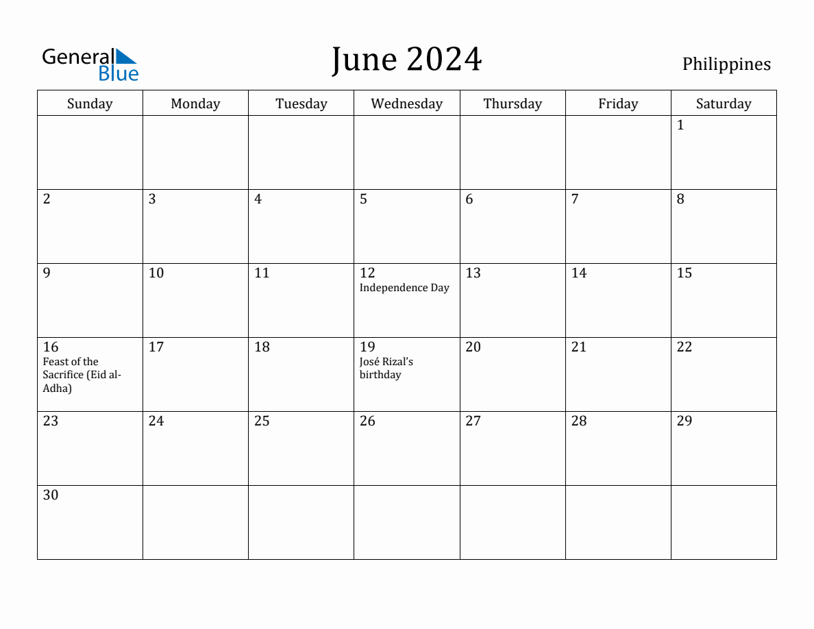 June 2024 Monthly Calendar with Philippines Holidays