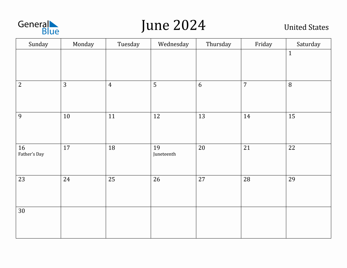 June 2024 Monthly Calendar with United States Holidays