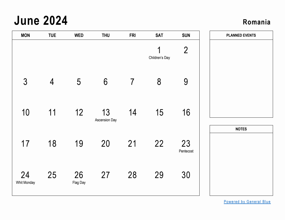 June 2024 Planner with Romania Holidays
