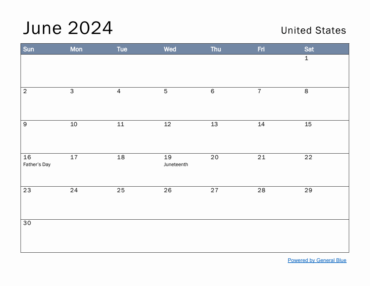 Free Monthly Calendar Template for June 2024 with United States Holidays
