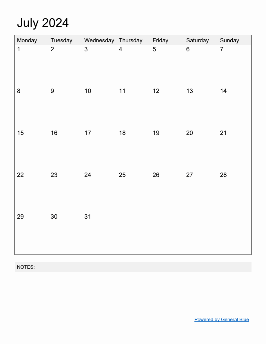 Free Printable Monthly Calendar for July 2024 - Monday Start