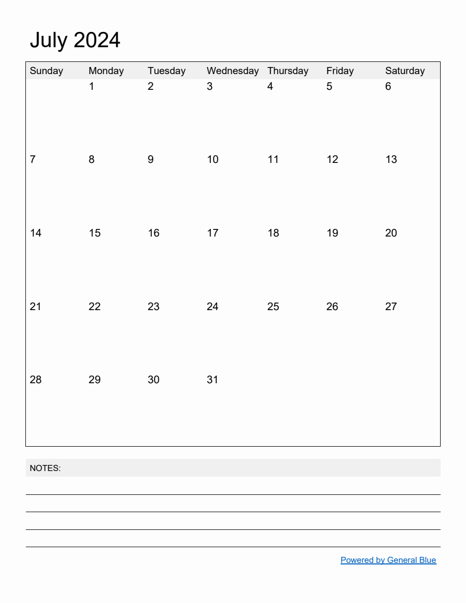 Free Printable Monthly Calendar for July 2024