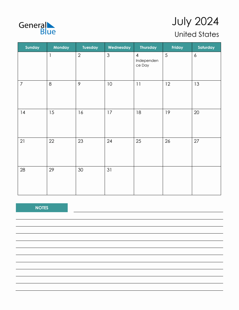 Monthly Planner with United States Holidays - July 2024