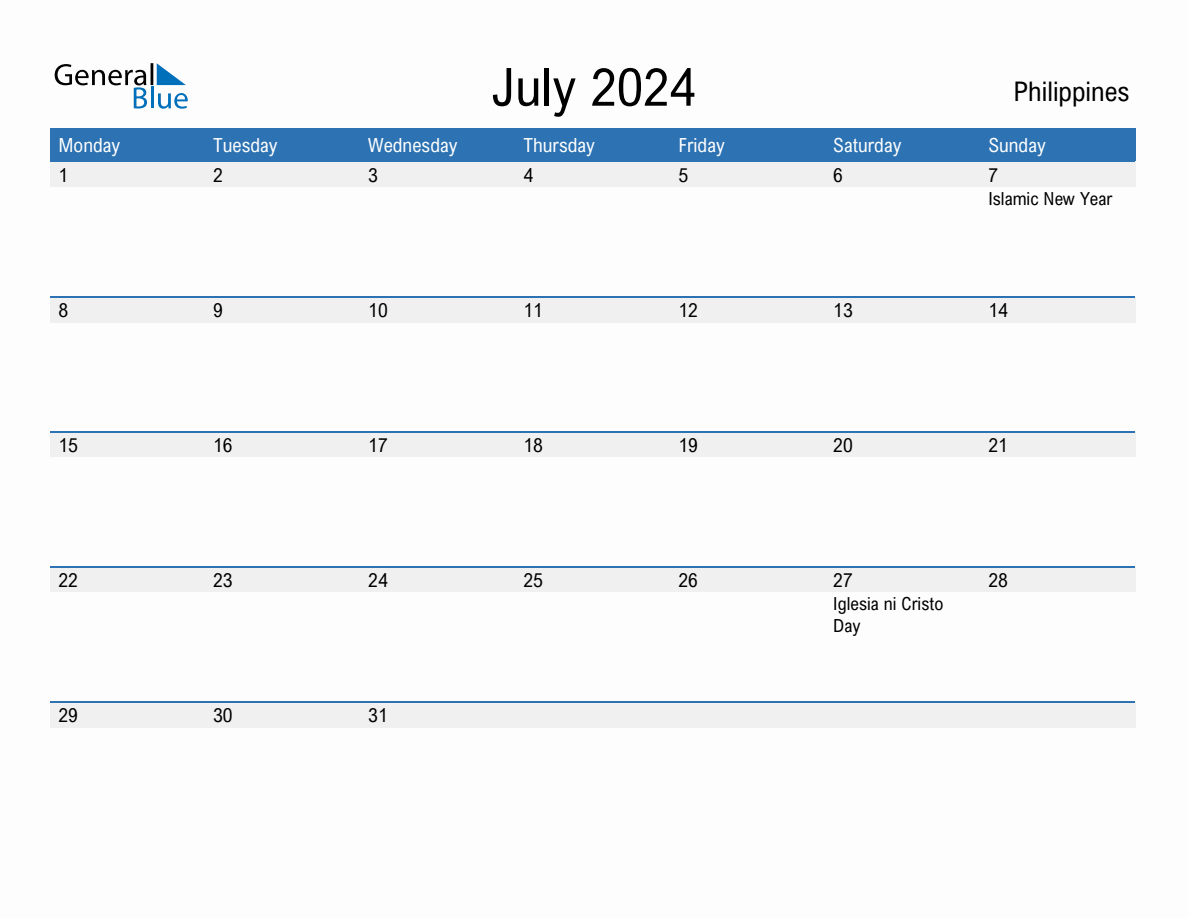 Editable July 2024 Calendar with Philippines Holidays (Monday Start)