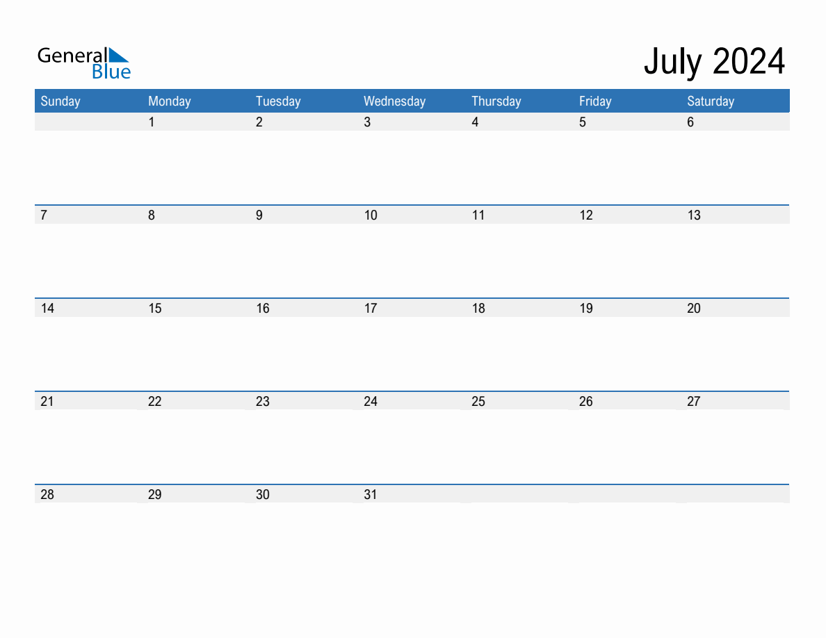 July 2024 Monthly Calendar (PDF, Word, Excel)