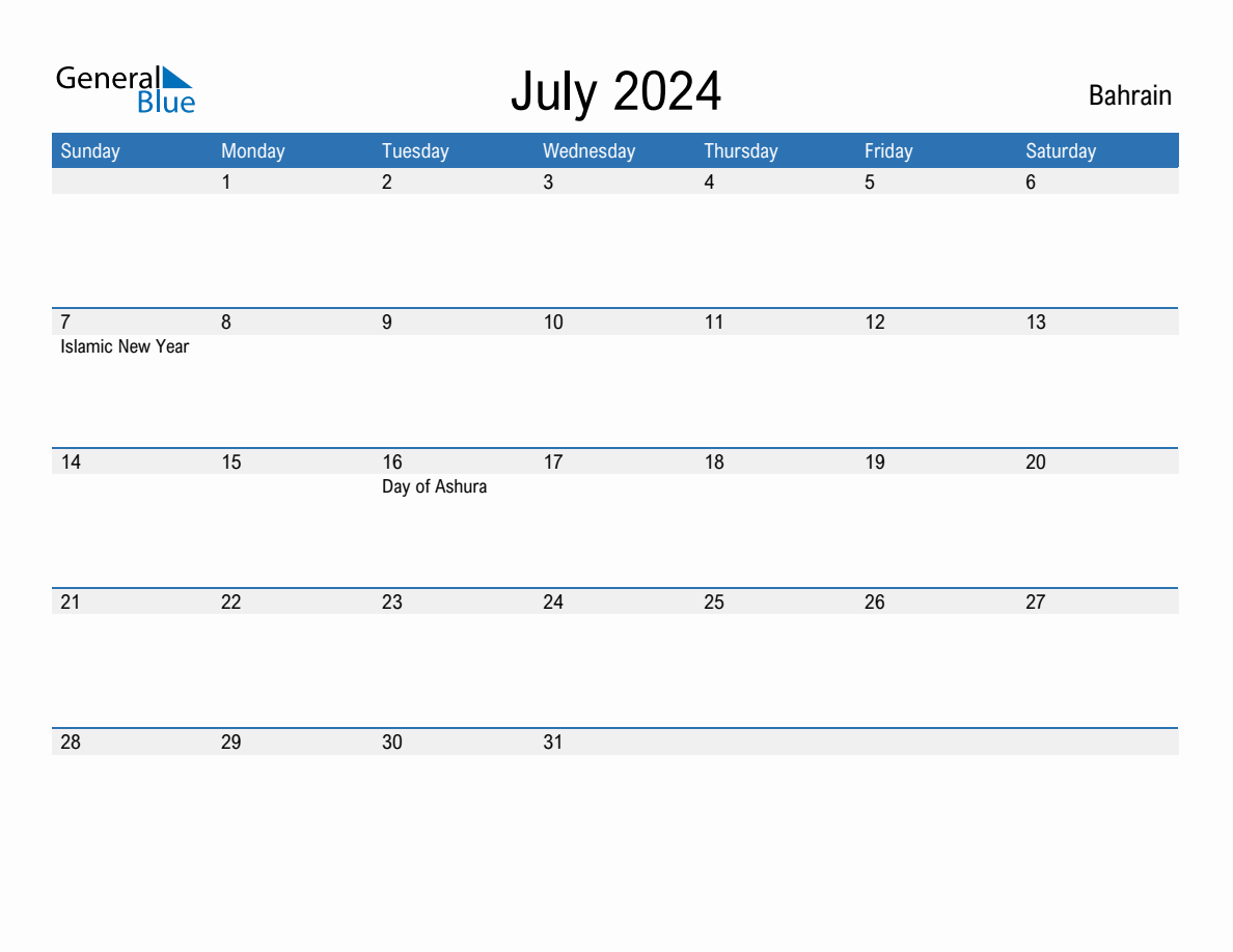Editable July 2024 Calendar with Bahrain Holidays