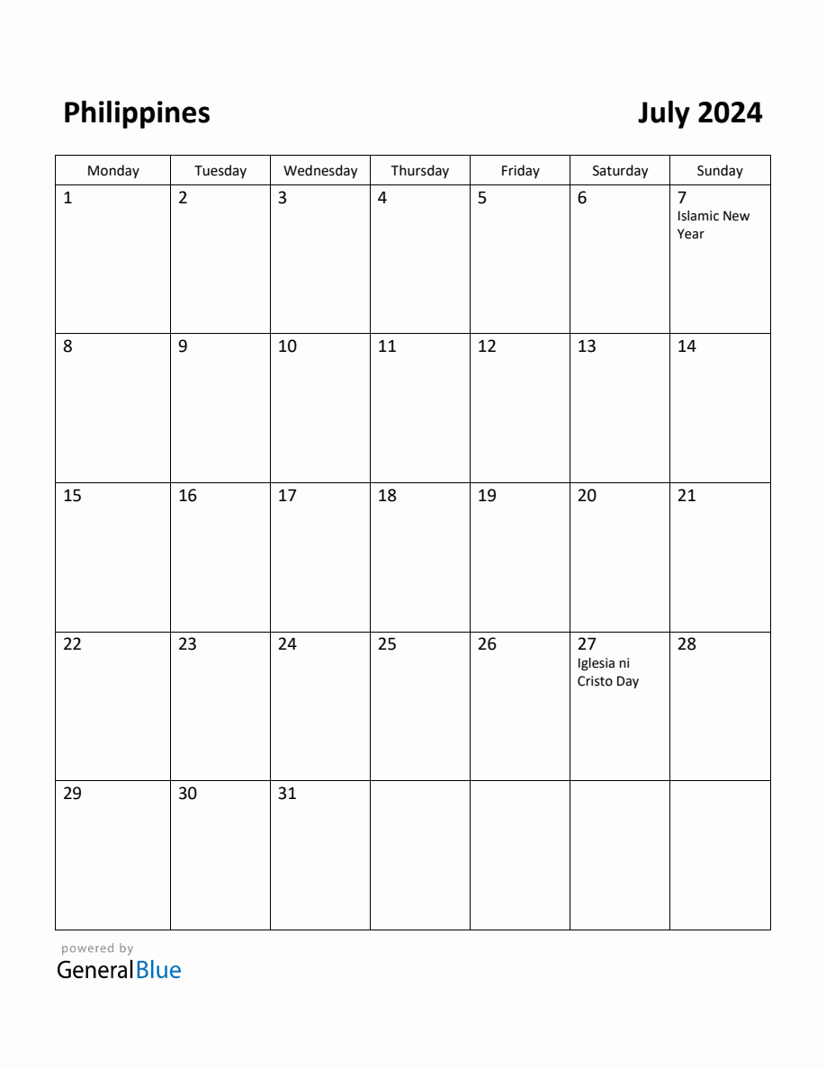 Free Printable July 2024 Calendar for Philippines (Monday Start)