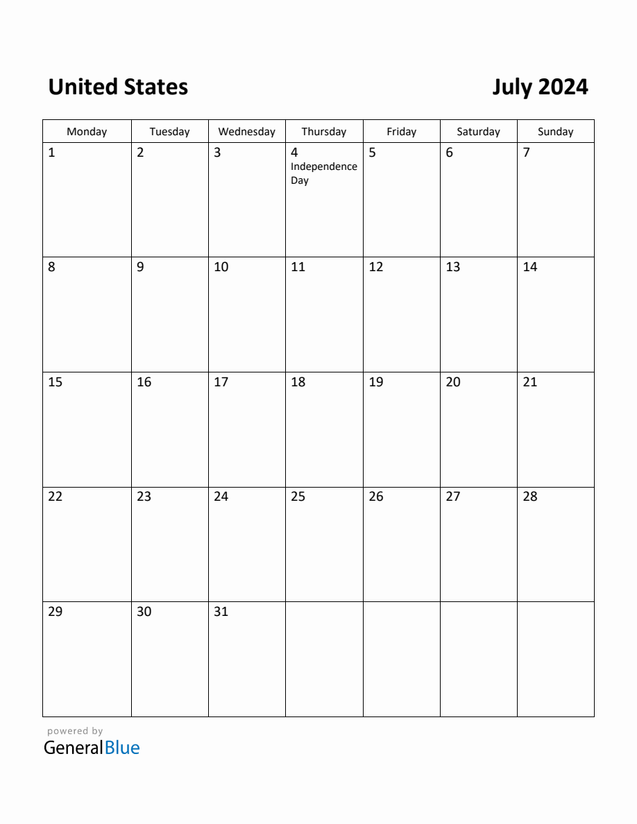 Free Printable July 2024 Calendar for United States (Monday Start)