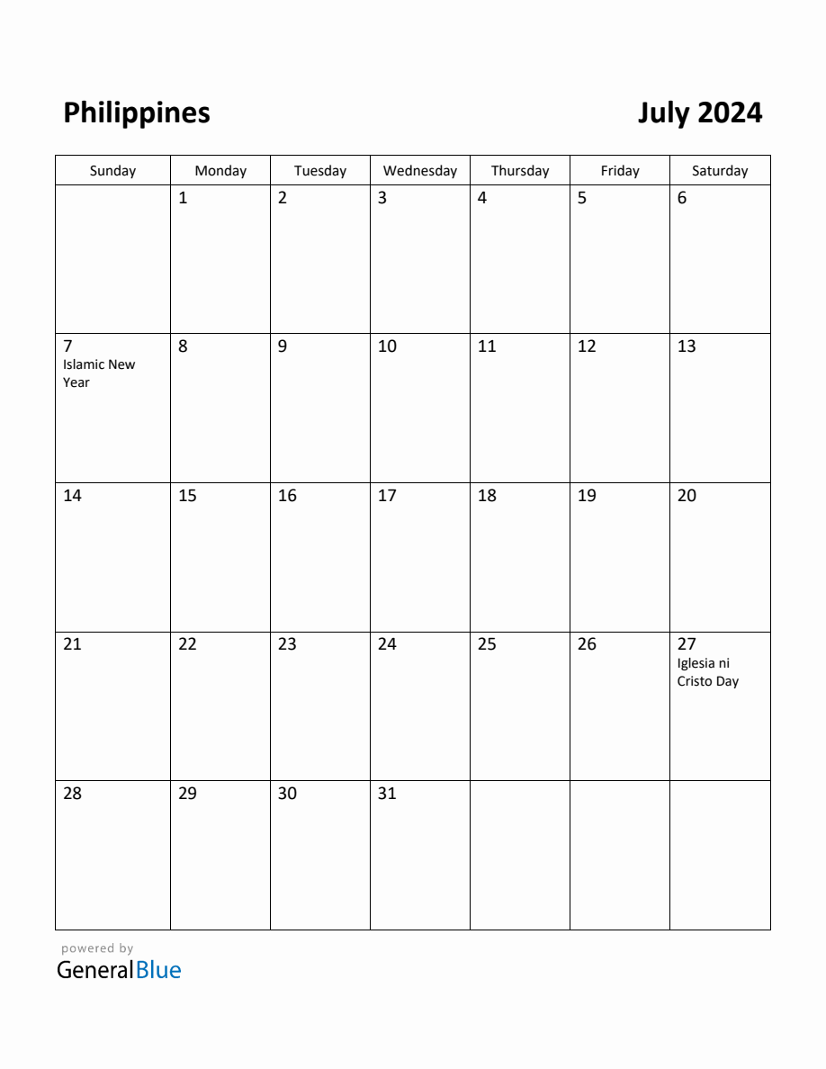 Free Printable July 2024 Calendar for Philippines