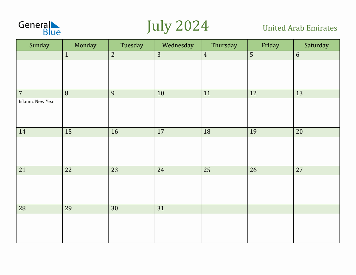 Fillable Holiday Calendar for United Arab Emirates - July 2024