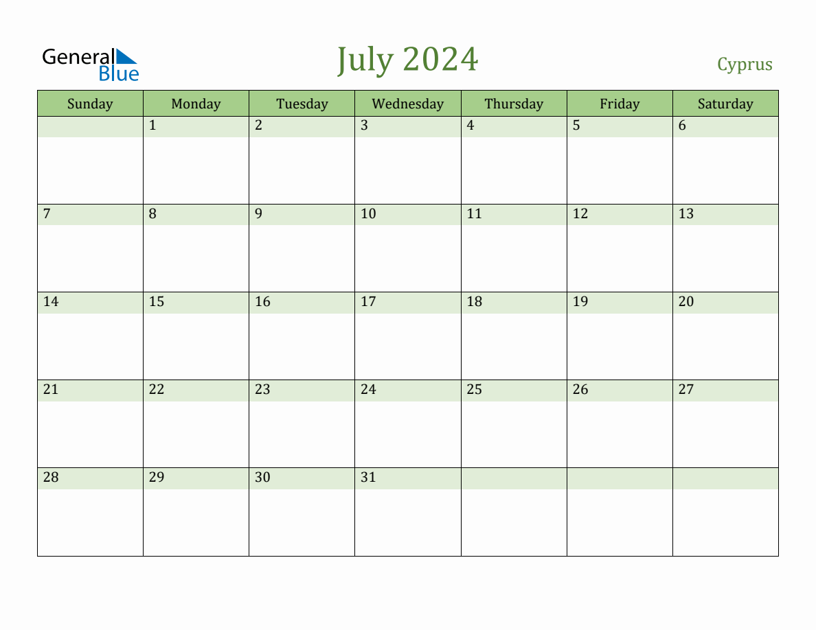 Fillable Holiday Calendar for Cyprus - July 2024
