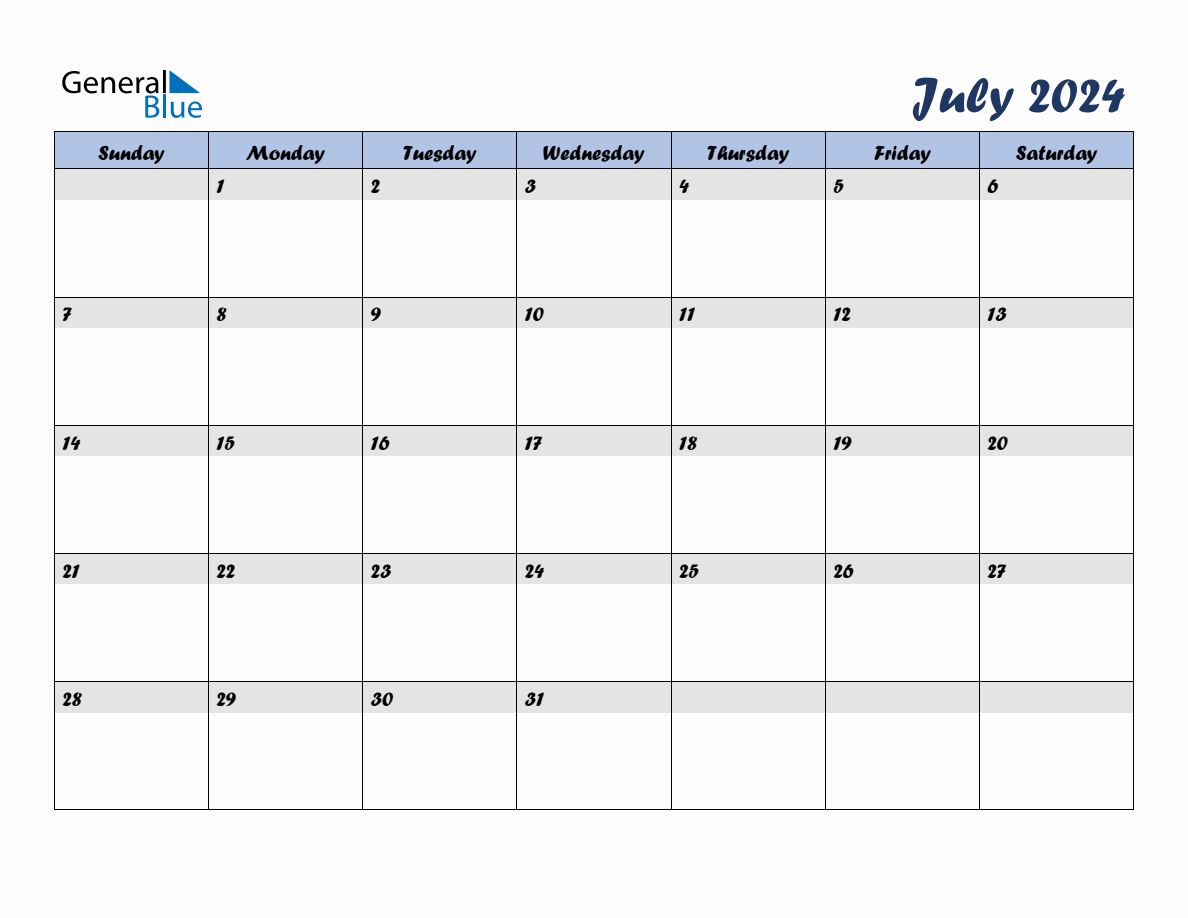Free July 2024 Monthly Editable Calendar