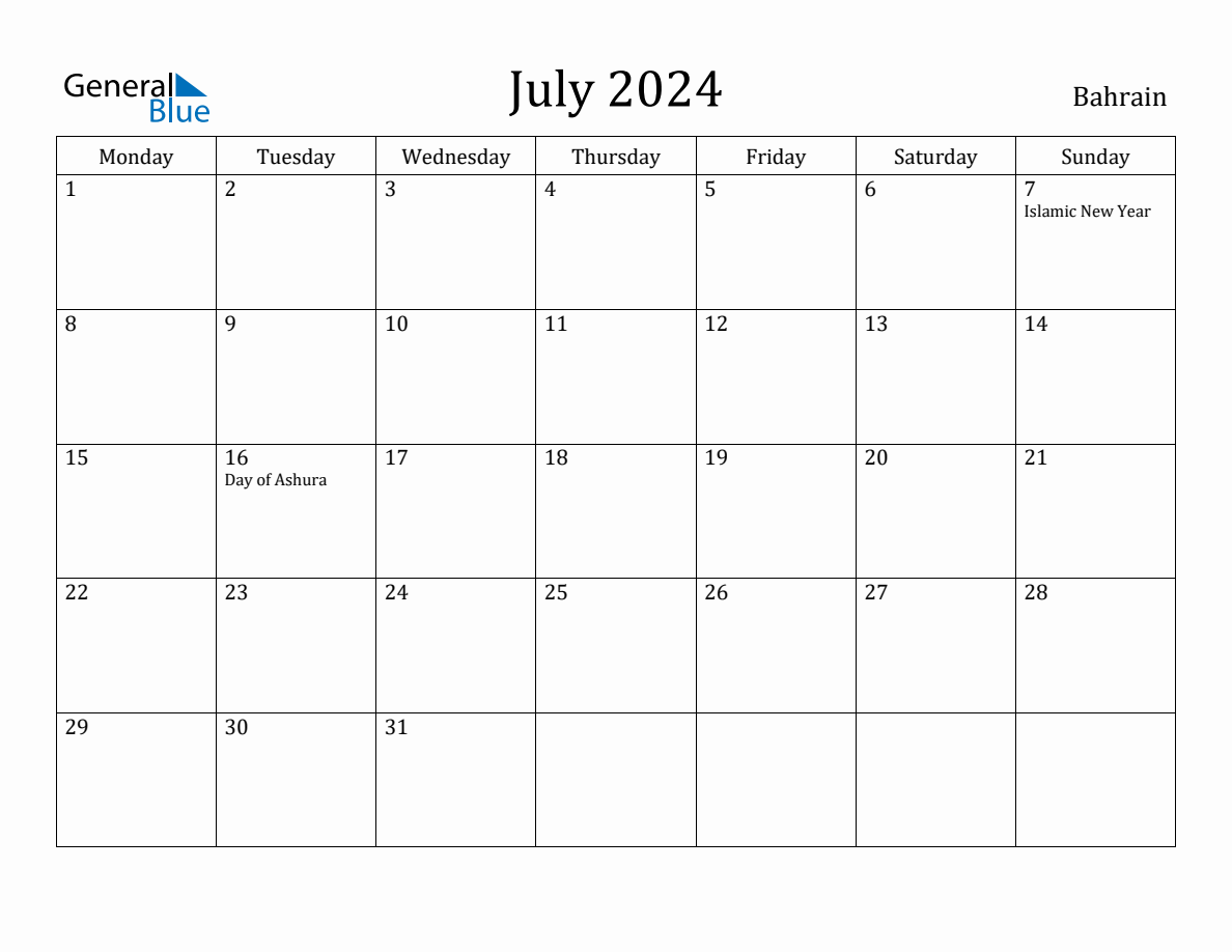 Bahrain Monthly Calendar - July 2024 (Monday Start)