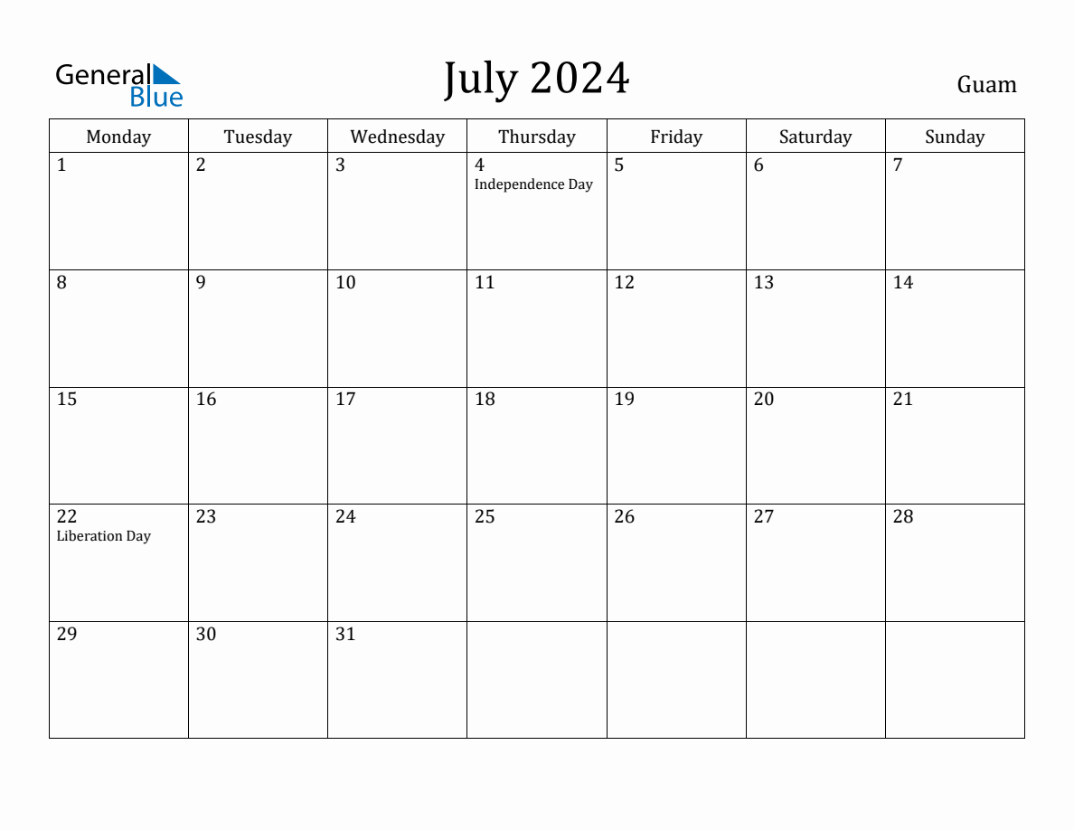 Guam Monthly Calendar - July 2024 (Monday Start)