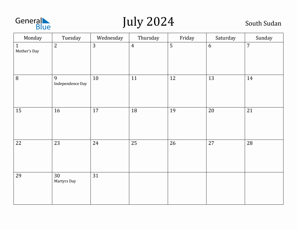 South Sudan Monthly Calendar - July 2024 (Monday Start)