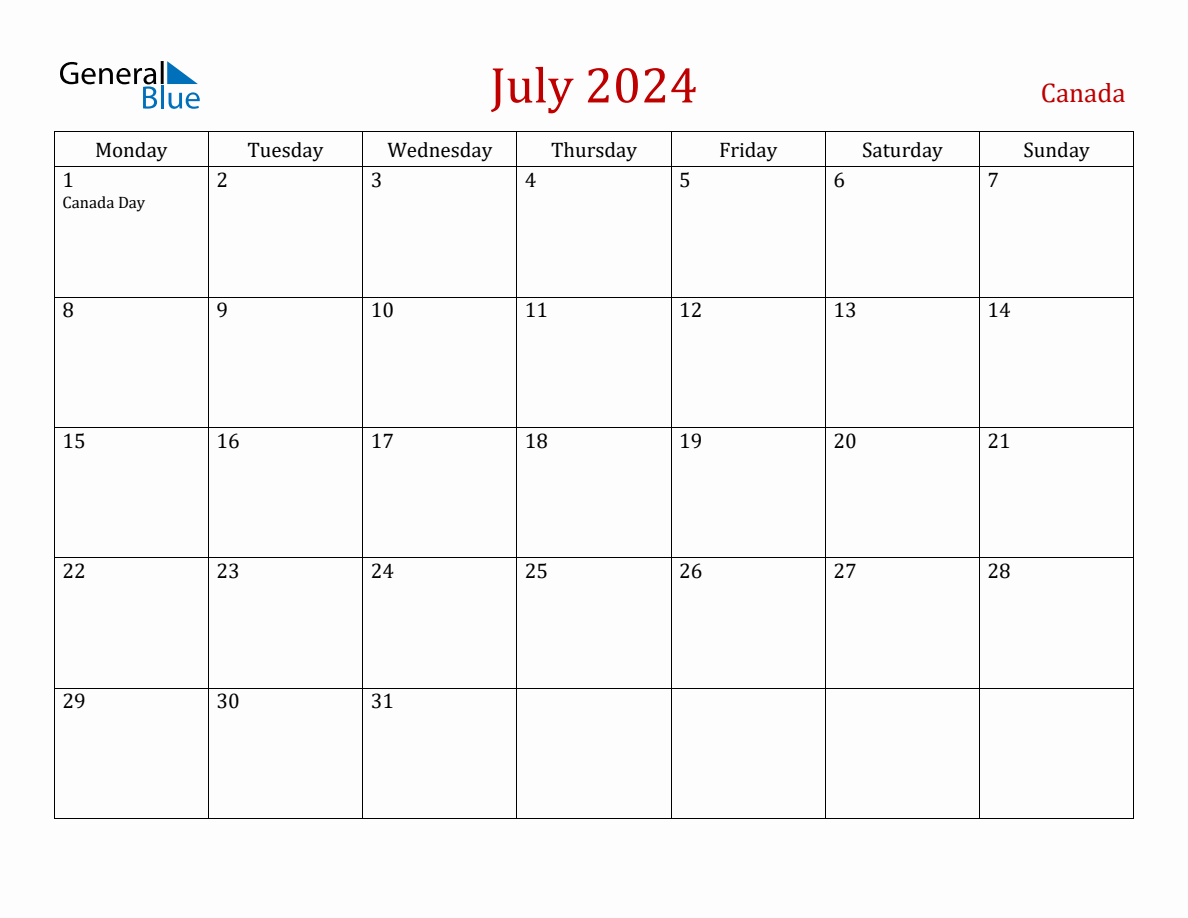 July 2024 Canada Monthly Calendar with Holidays (Monday Start)