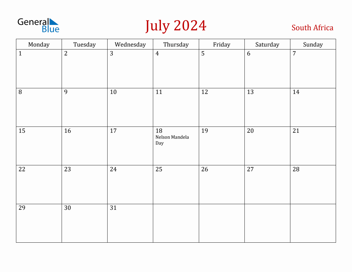 July 2024 South Africa Monthly Calendar with Holidays (Monday Start)