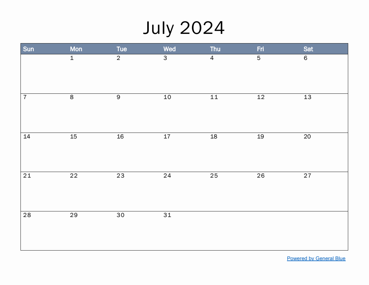 Monthly Calendar Template for July 2024