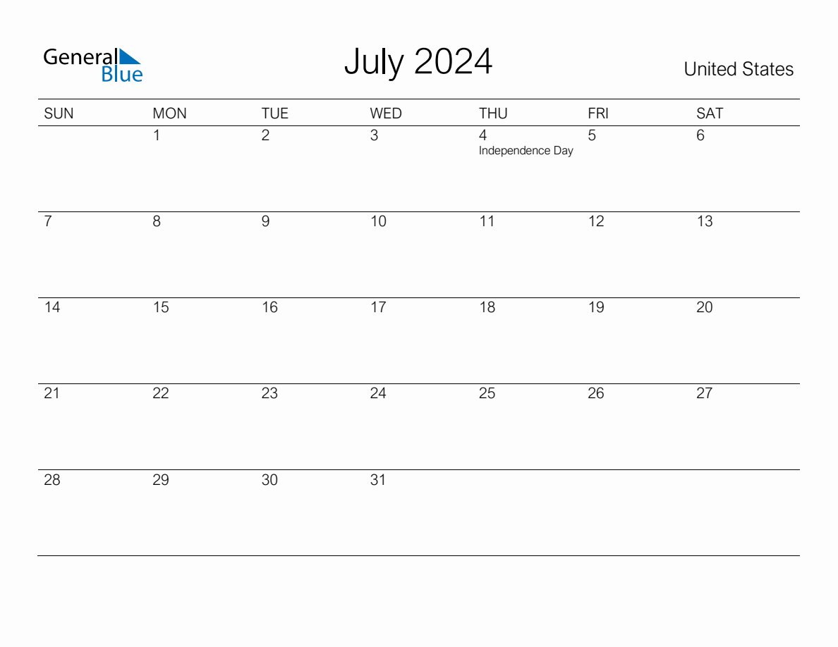 Printable July 2024 Monthly Calendar with Holidays for United States