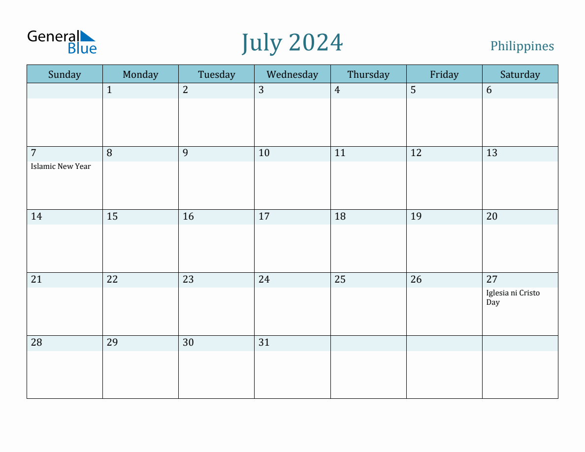 Philippines Holiday Calendar for July 2024