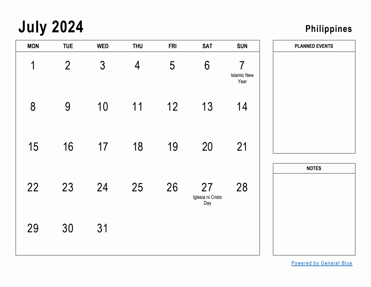 July 2024 Planner with Philippines Holidays (Monday Start)