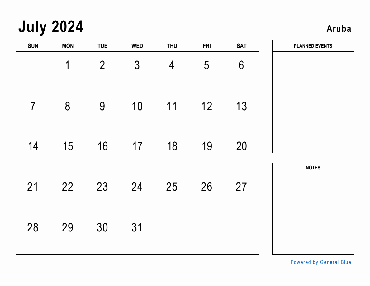 July 2024 Planner with Aruba Holidays