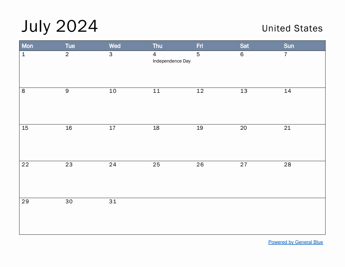 Free Monthly Calendar Template for July 2024 with United States ...
