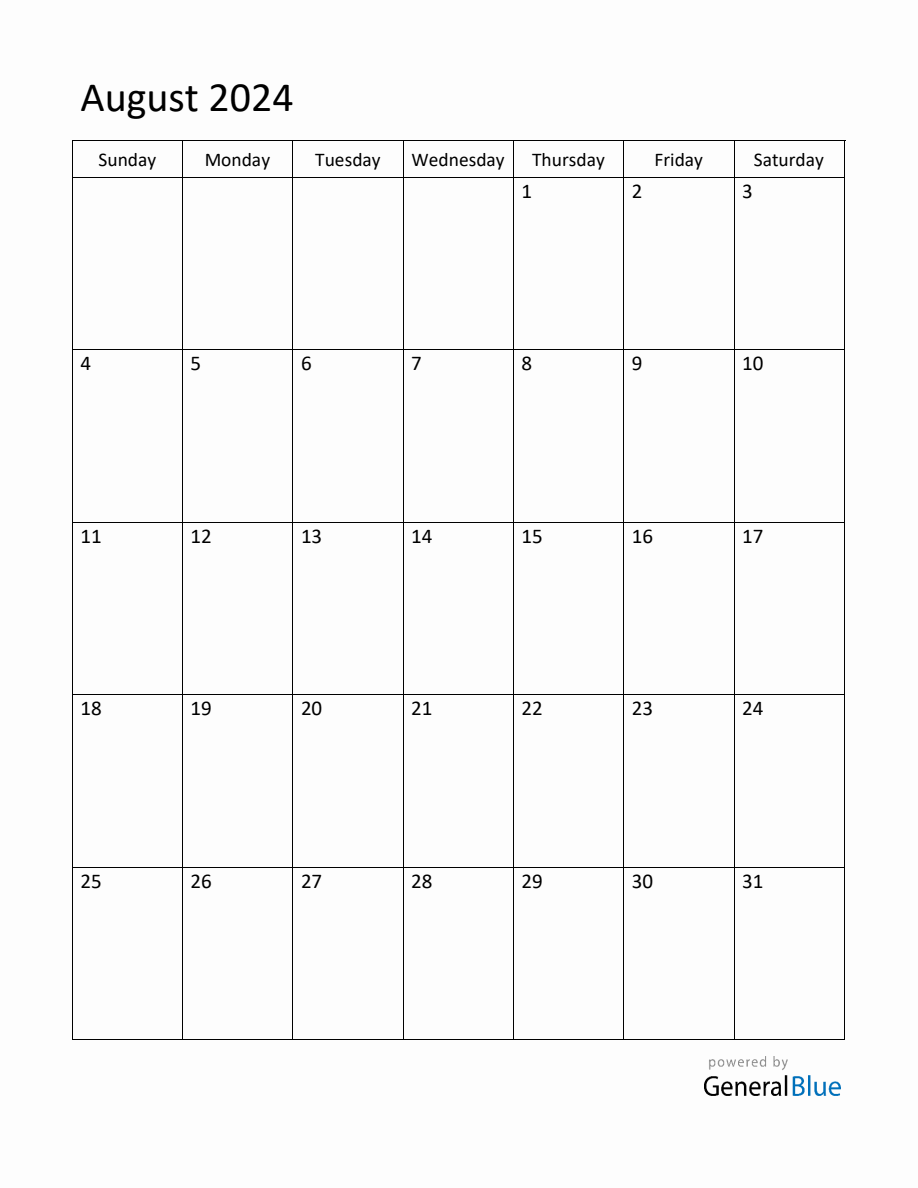 Editable August 2024 Monthly Calendar