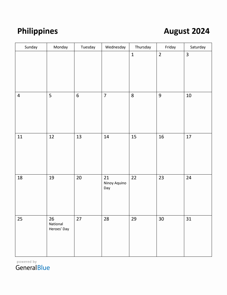 Free Printable August 2024 Calendar for Philippines